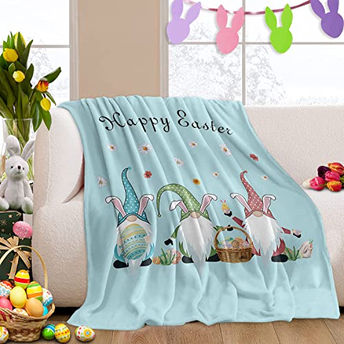 Throw Blankets Happy Easter Gnomes Basket Eggs Fuzzy Soft Bed Cover Bedspread Microfiber Luxury Blanket for Travel Stadium Camping Couch Sofa Chair Blue