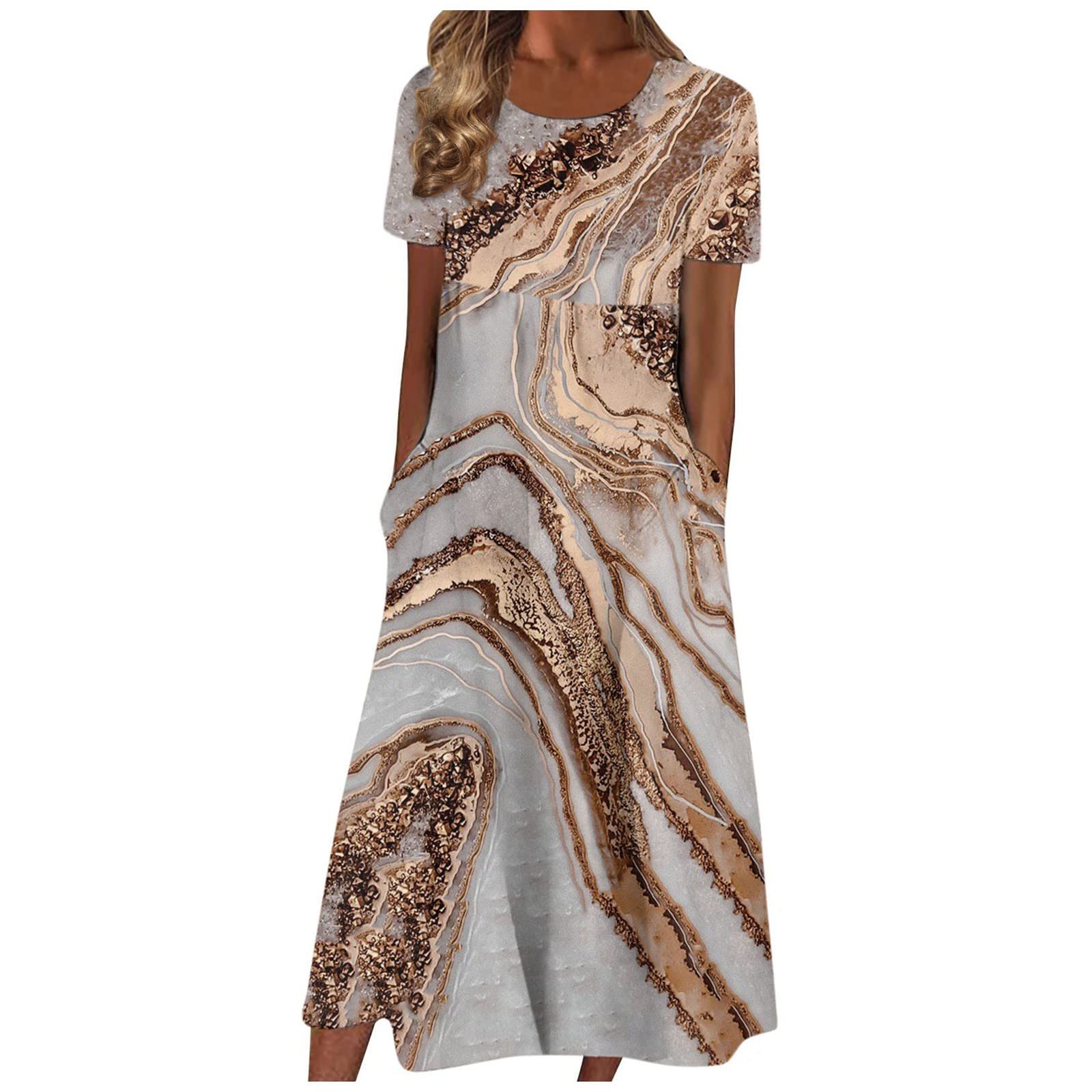 Sage Green Dress for Women, V Neck Dress Women Italian Linen Dress Tie Dye Dresss Casual Women's Summer Fashion Printed Short Sleeve Round Neck Pocket Dress Curvy Floral Maxi (XL, Khaki)