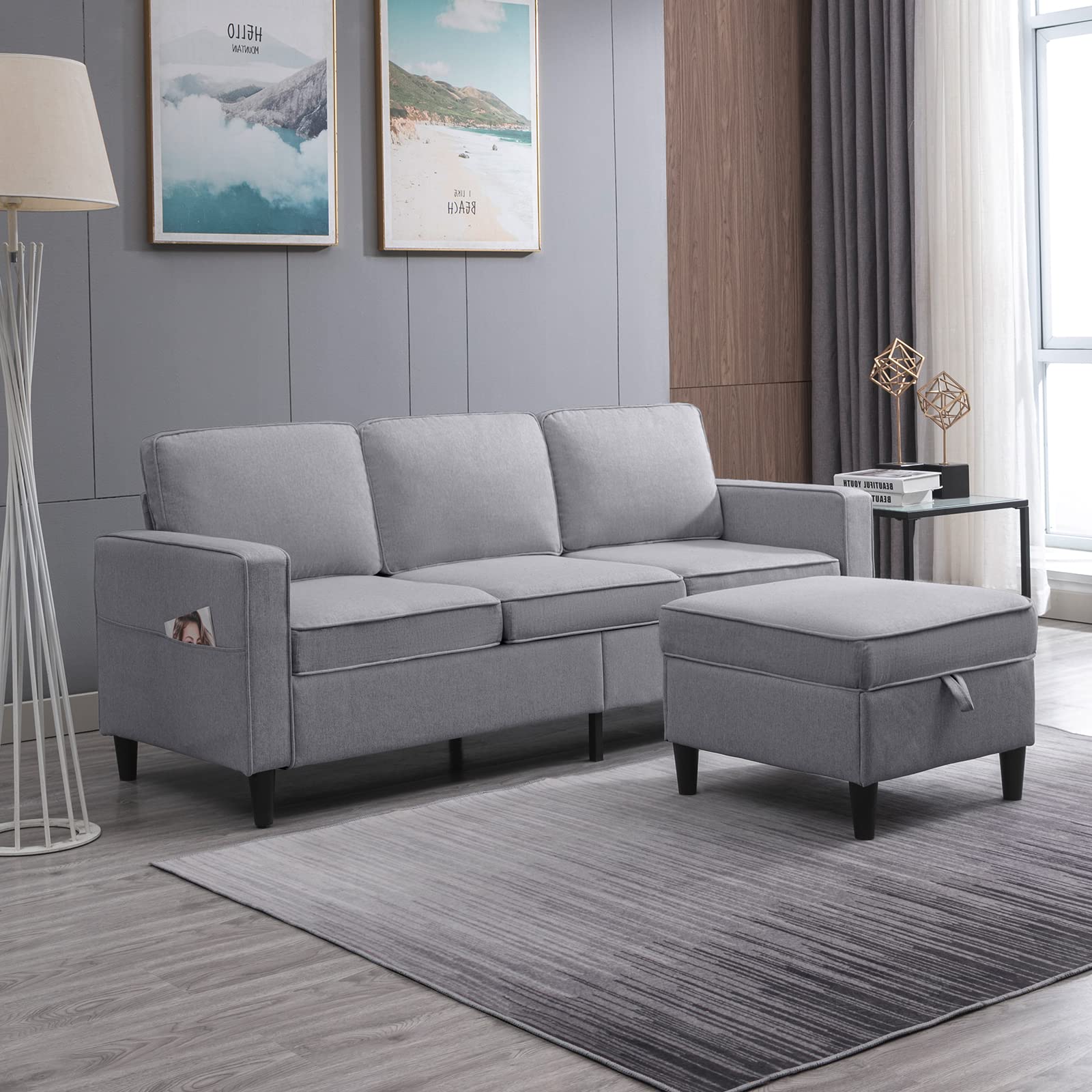 Mjkone 78β Sectional Sofa Couch for Living Room | Convertible Linen Sofa Chaise with Reversible Storage Ottoman | Modern Modular Sofa with 2 Side Pockets | Small Sofa for Small Places (Light Grey)