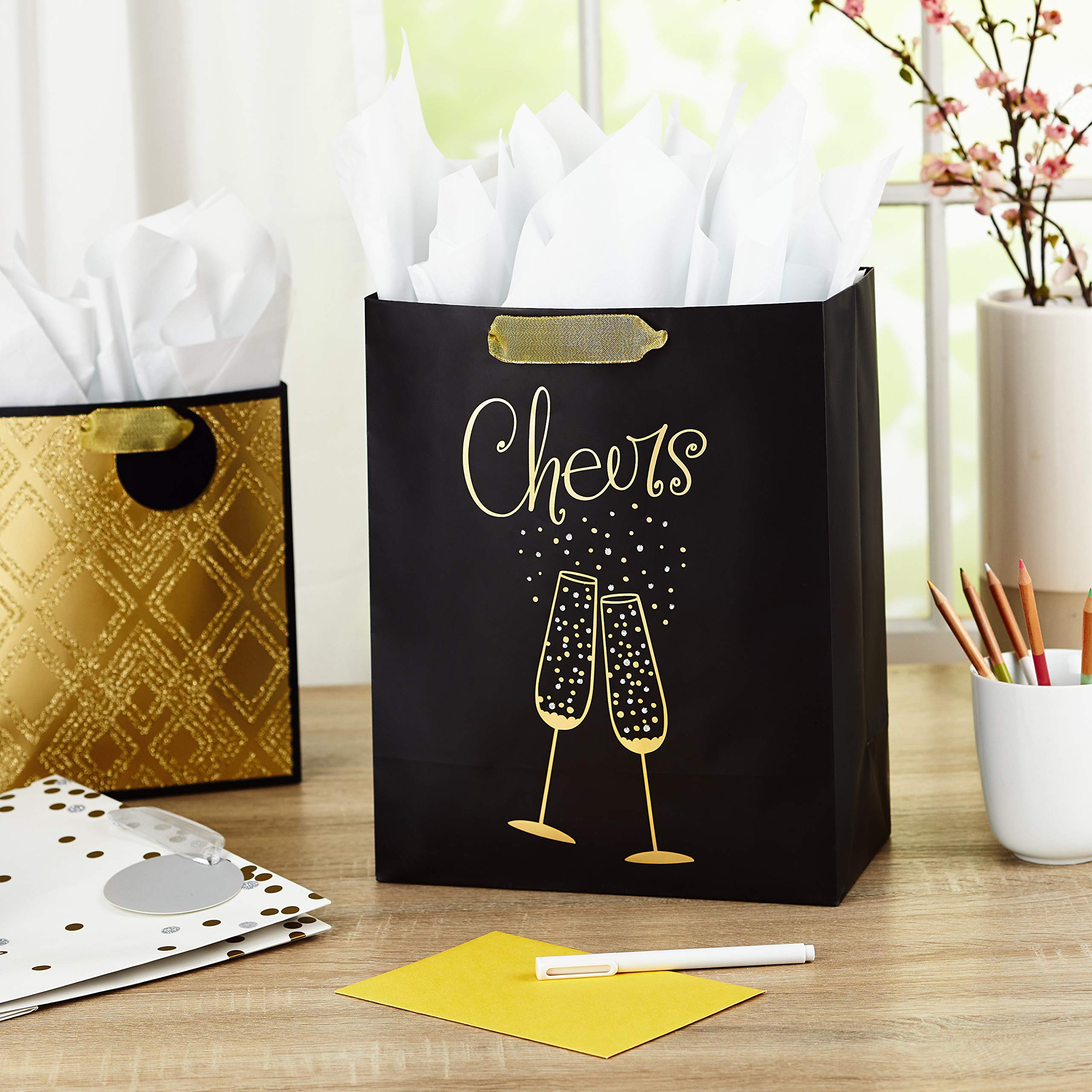 Hallmark All Occasion Gift Bags Assortment with Tissue Paper - Black and Gold (Pack of 3, 2 Large 13" and 1 Medium 9" for Anniversaries, Weddings, Birthdays, Holidays and More)
