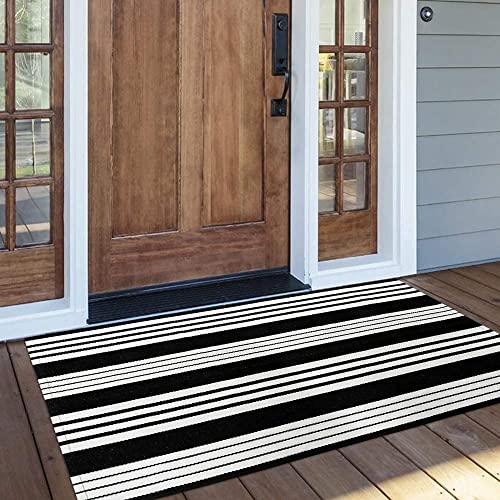 OJIA Cotton Black and White Striped Rug 24'' x 51'' Hand-Woven Indoor/Outdoor Area Rug Layered Door Mats for Front Porch/Entryway/Laundry Room/Bedroom/Outdoor