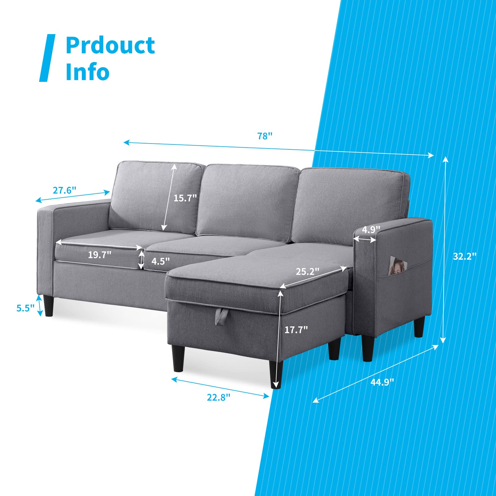 Mjkone 78β Sectional Sofa Couch for Living Room | Convertible Linen Sofa Chaise with Reversible Storage Ottoman | Modern Modular Sofa with 2 Side Pockets | Small Sofa for Small Places (Light Grey)