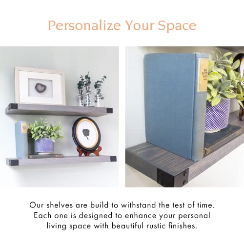 Willow & Grace Designs Modern Rustic Wooden Easily Mounted Floating Wall Shelves for Home Living Rooms and Bedrooms, Rustic Gray, 24 Inch, (Set of 2)