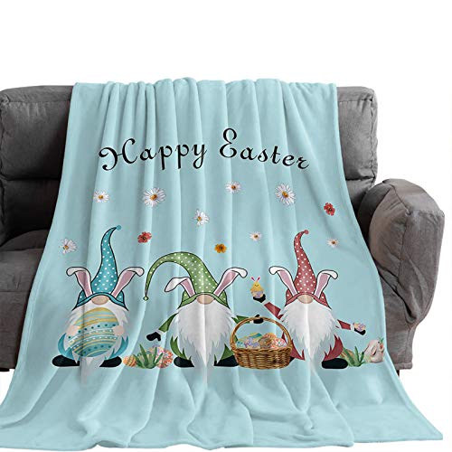 Throw Blankets Happy Easter Gnomes Basket Eggs Fuzzy Soft Bed Cover Bedspread Microfiber Luxury Blanket for Travel Stadium Camping Couch Sofa Chair Blue