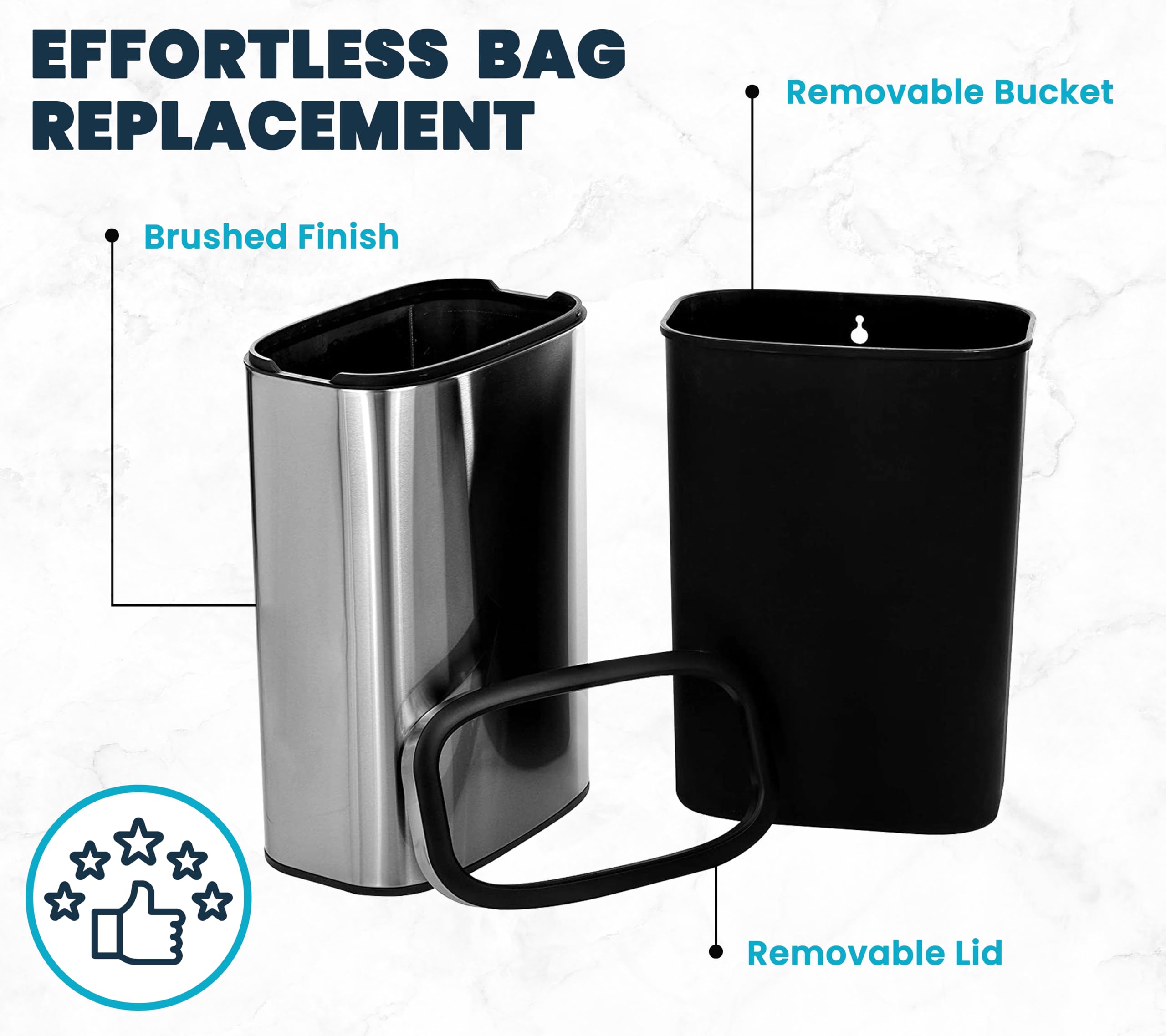 Alpine Industries 40 L / 10.5 Gal Stainless Steel Slim Open Trash Can - Compact Garbage Bin - Wide Access Top Slender Durable Receptacle with Sturdy Plastic Liner