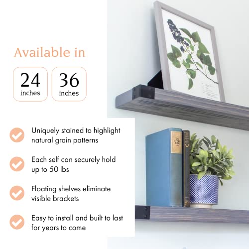 Willow & Grace Designs Modern Rustic Wooden Easily Mounted Floating Wall Shelves for Home Living Rooms and Bedrooms, Rustic Gray, 24 Inch, (Set of 2)