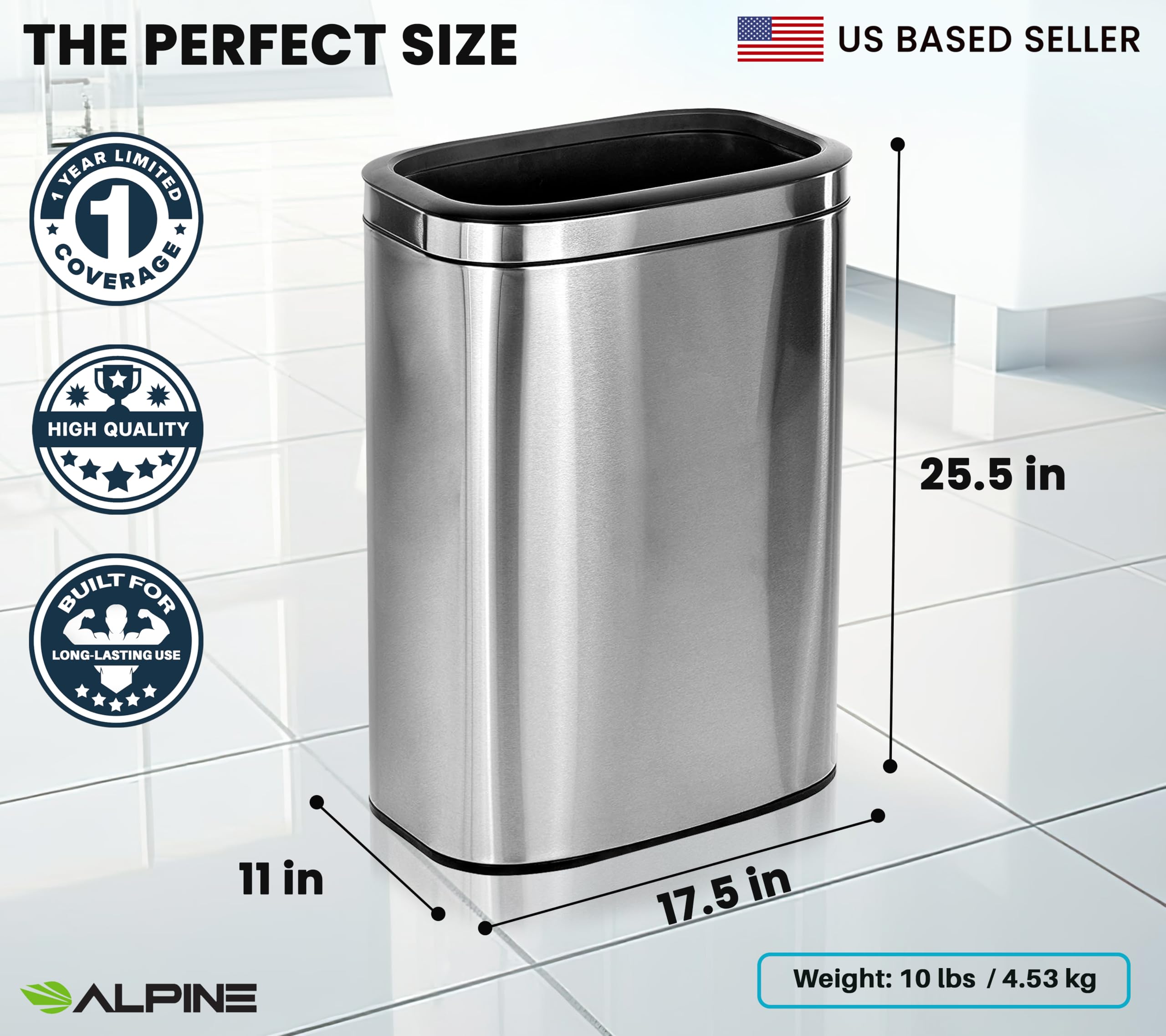 Alpine Industries 40 L / 10.5 Gal Stainless Steel Slim Open Trash Can - Compact Garbage Bin - Wide Access Top Slender Durable Receptacle with Sturdy Plastic Liner