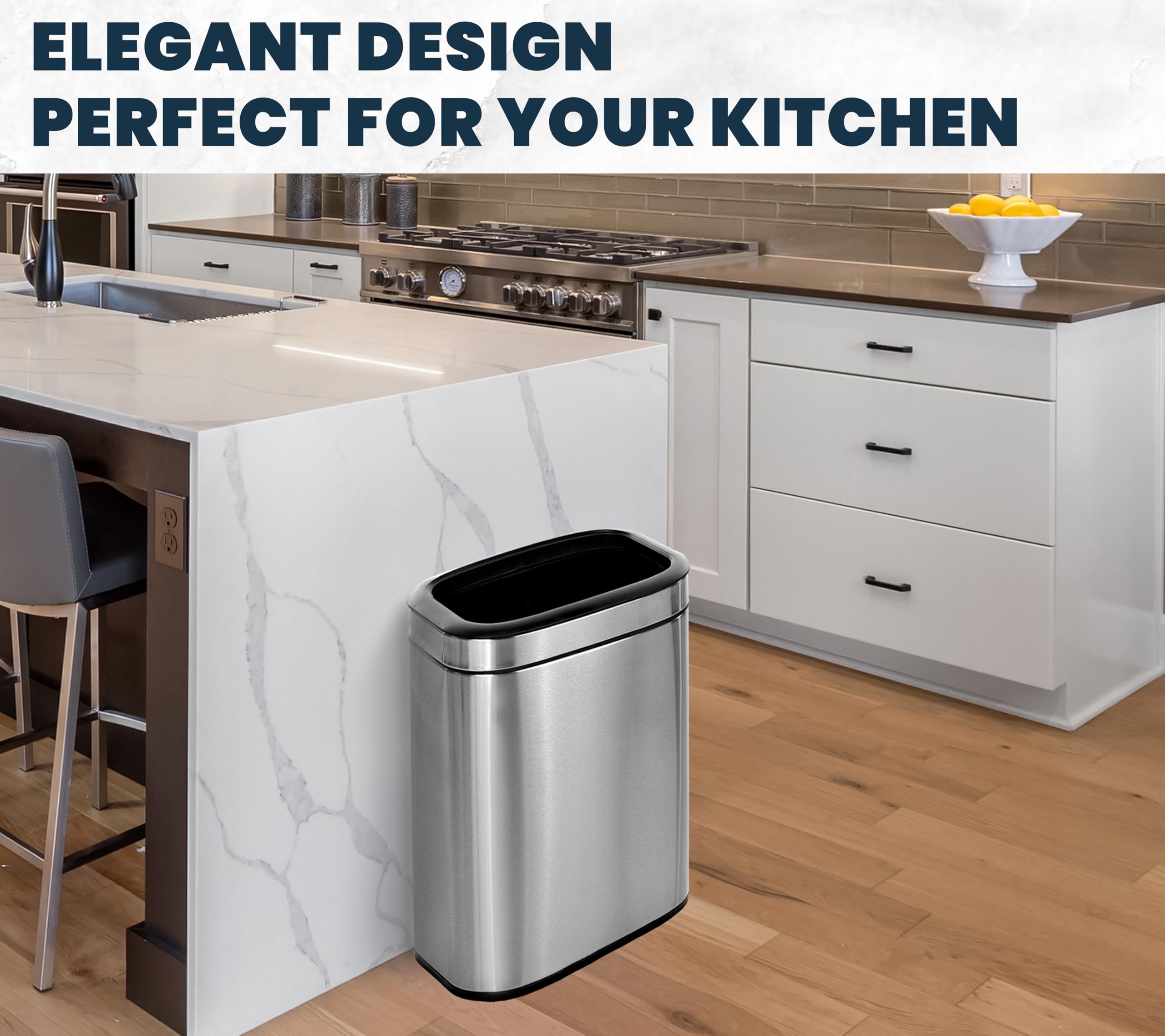 Alpine Industries 40 L / 10.5 Gal Stainless Steel Slim Open Trash Can - Compact Garbage Bin - Wide Access Top Slender Durable Receptacle with Sturdy Plastic Liner