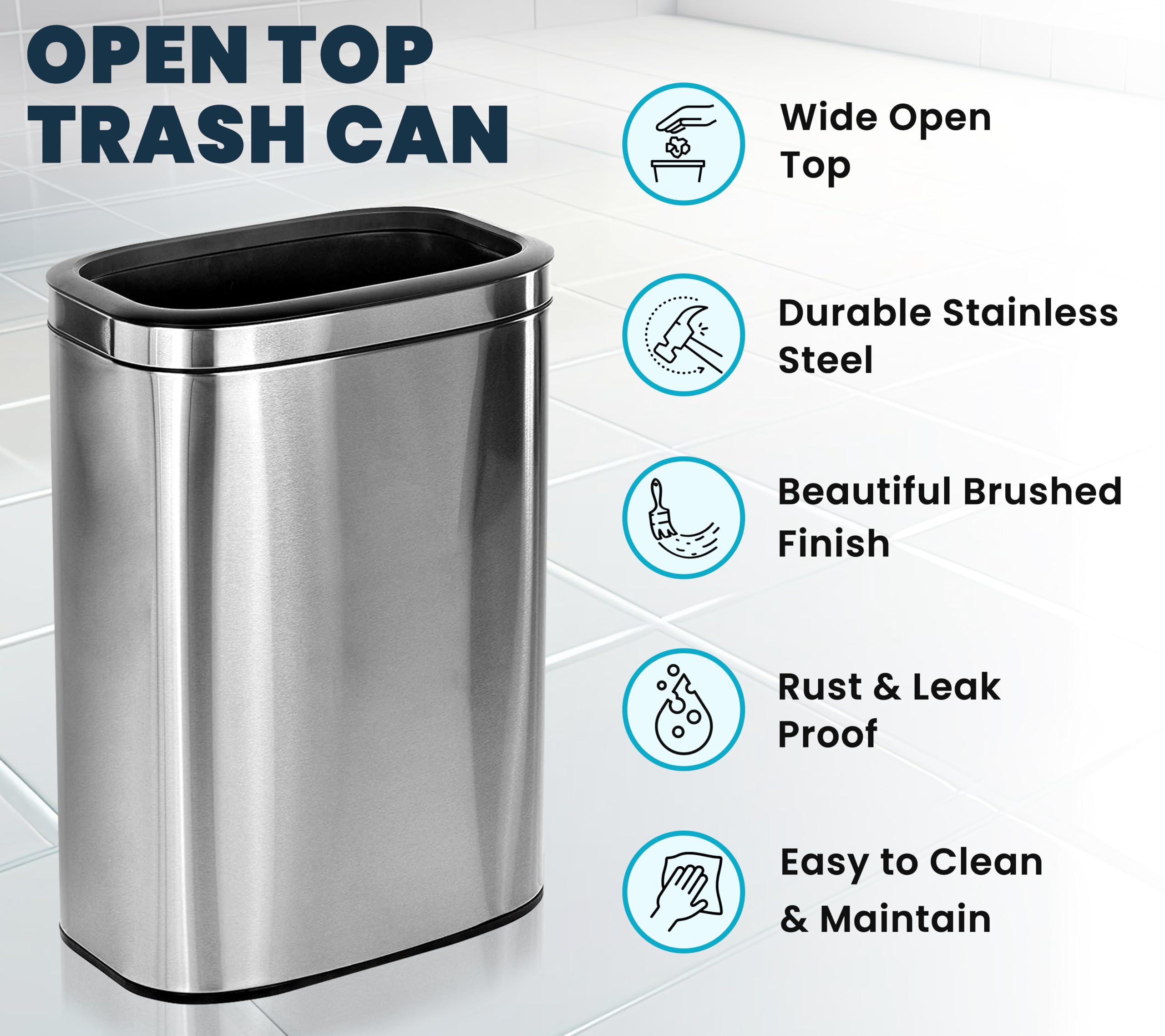 Alpine Industries 40 L / 10.5 Gal Stainless Steel Slim Open Trash Can - Compact Garbage Bin - Wide Access Top Slender Durable Receptacle with Sturdy Plastic Liner