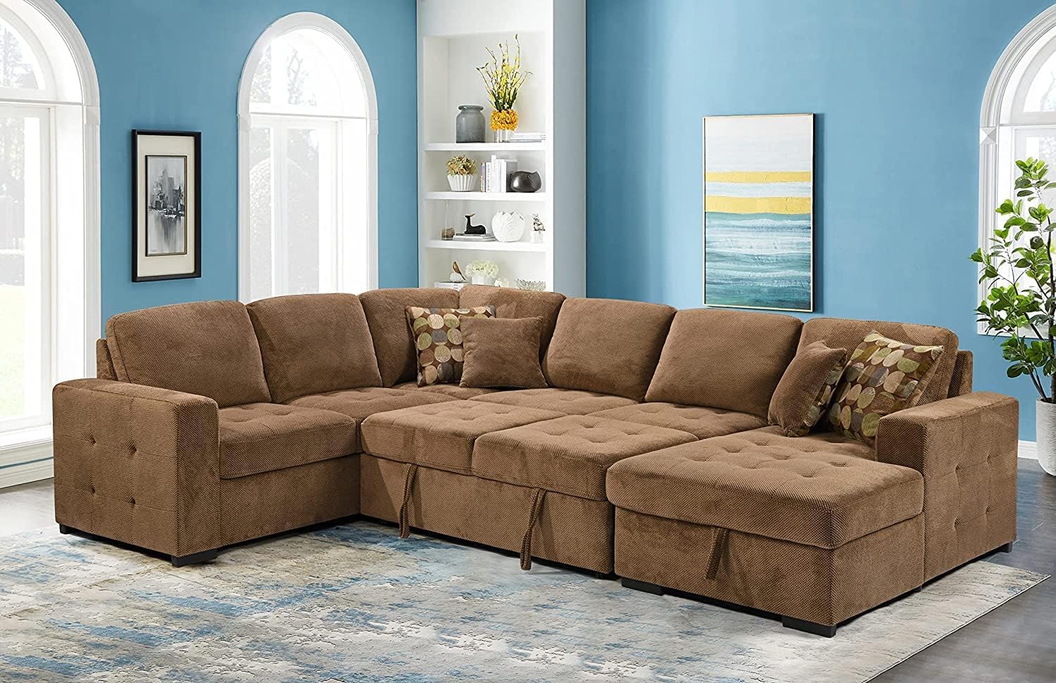 123"w U-Shaped Oversized Modular Sectional Sofa with Pull Out Sleeper Bed,Storage Chaise Lounge and 4 Throw Pillows,Convertible Polyester Upholstered Sectionals Sofá&Couch for Large Space,King Size