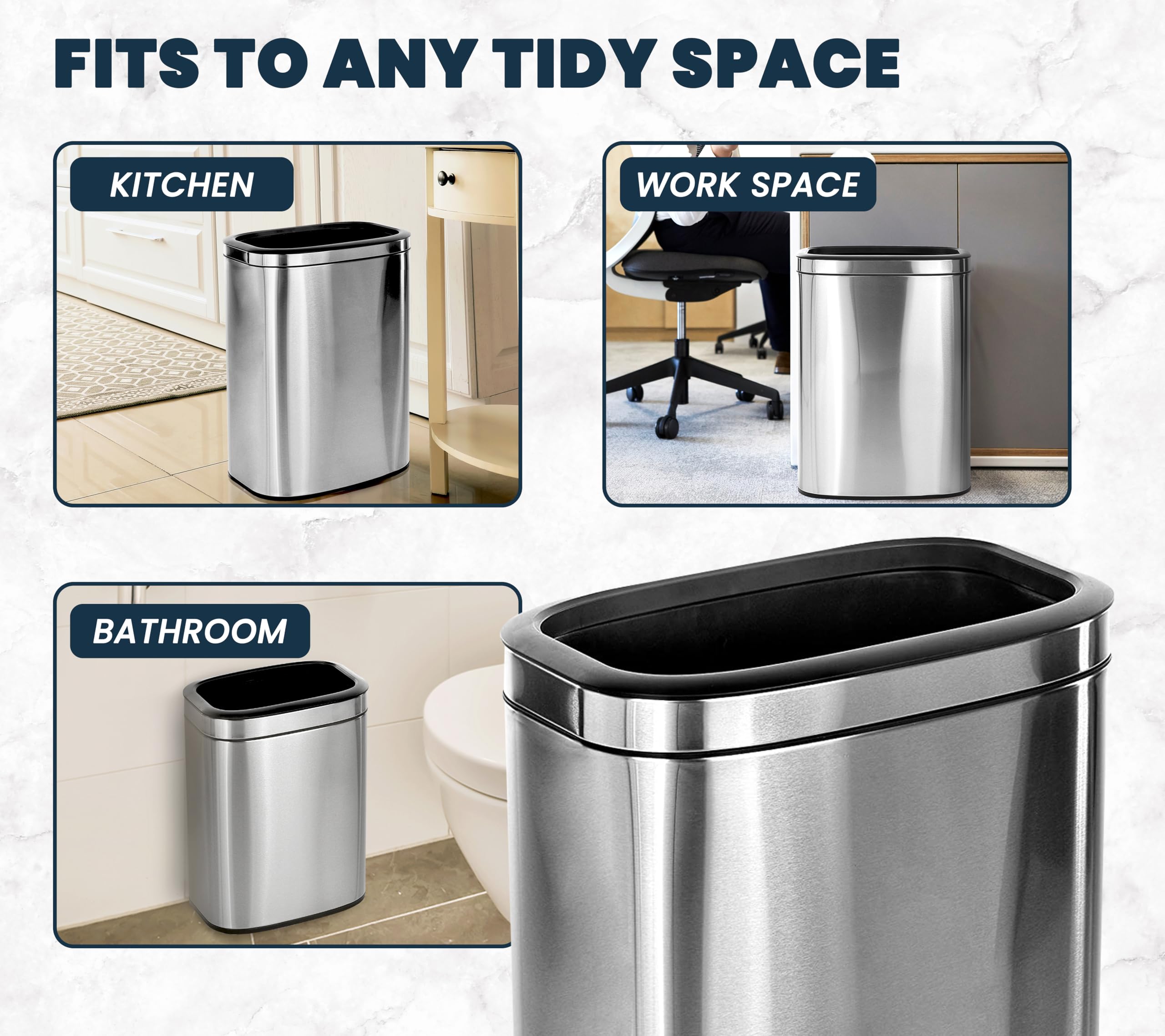 Alpine Industries 40 L / 10.5 Gal Stainless Steel Slim Open Trash Can - Compact Garbage Bin - Wide Access Top Slender Durable Receptacle with Sturdy Plastic Liner
