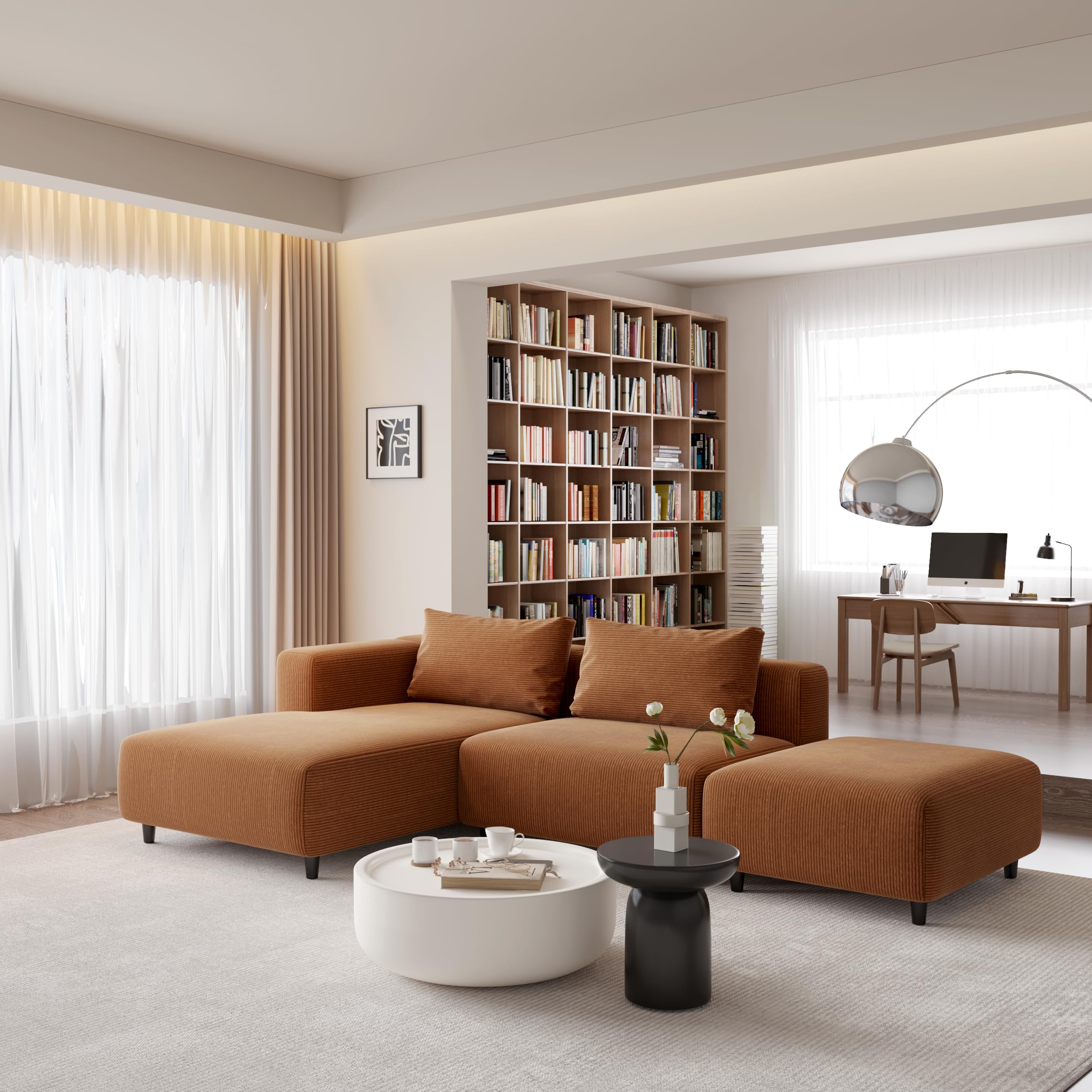 Acanva Soft Corduroy Sectional Modular Sofa Set, Modern L-Shaped Chaise Couch for Living Room, Apartment, Office, Small Spaces, Orange Brown