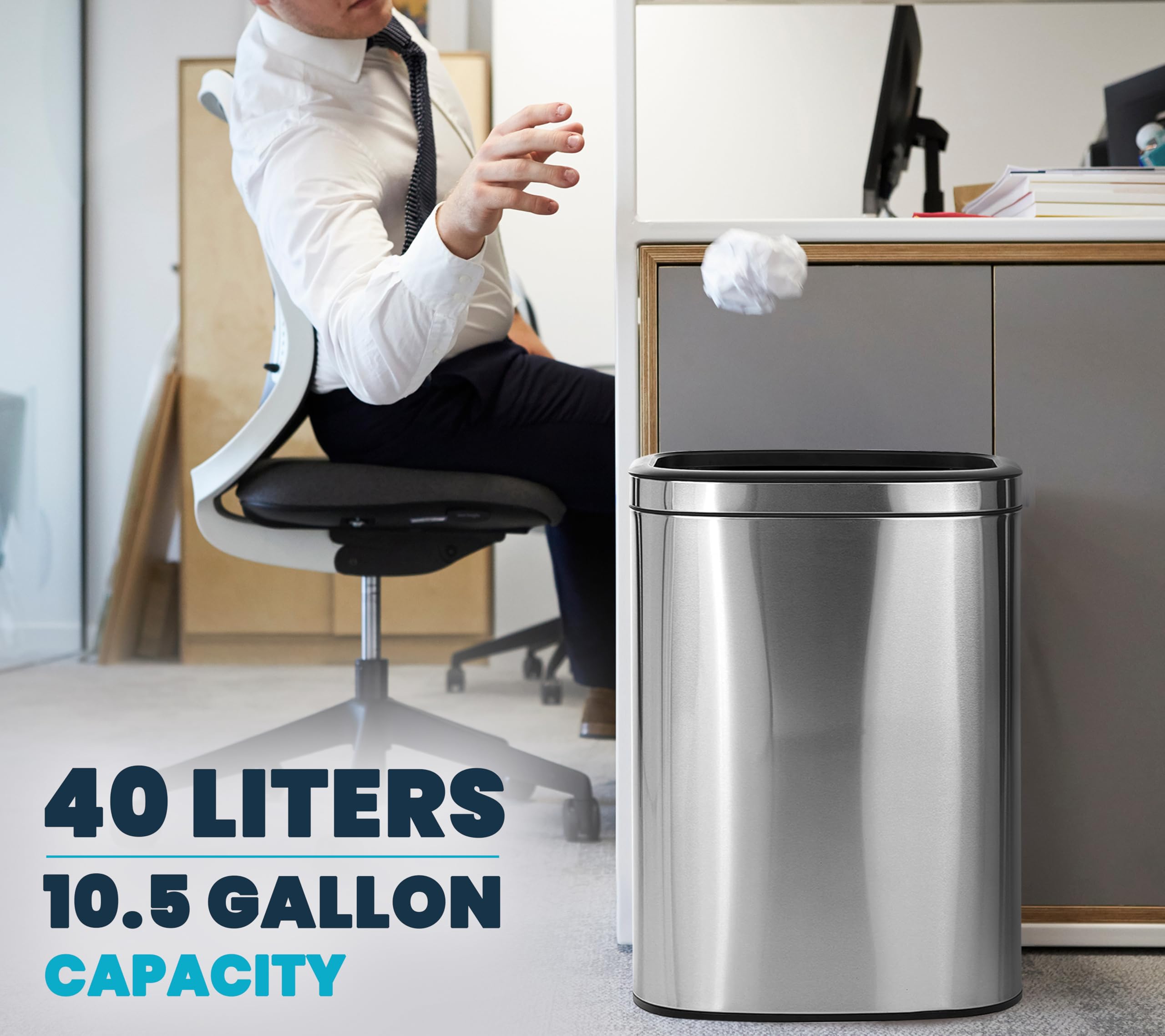 Alpine Industries 40 L / 10.5 Gal Stainless Steel Slim Open Trash Can - Compact Garbage Bin - Wide Access Top Slender Durable Receptacle with Sturdy Plastic Liner