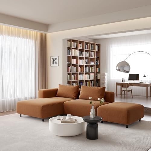 Acanva Soft Corduroy Sectional Modular Sofa Set, Modern L-Shaped Chaise Couch for Living Room, Apartment, Office, Small Spaces, Orange Brown