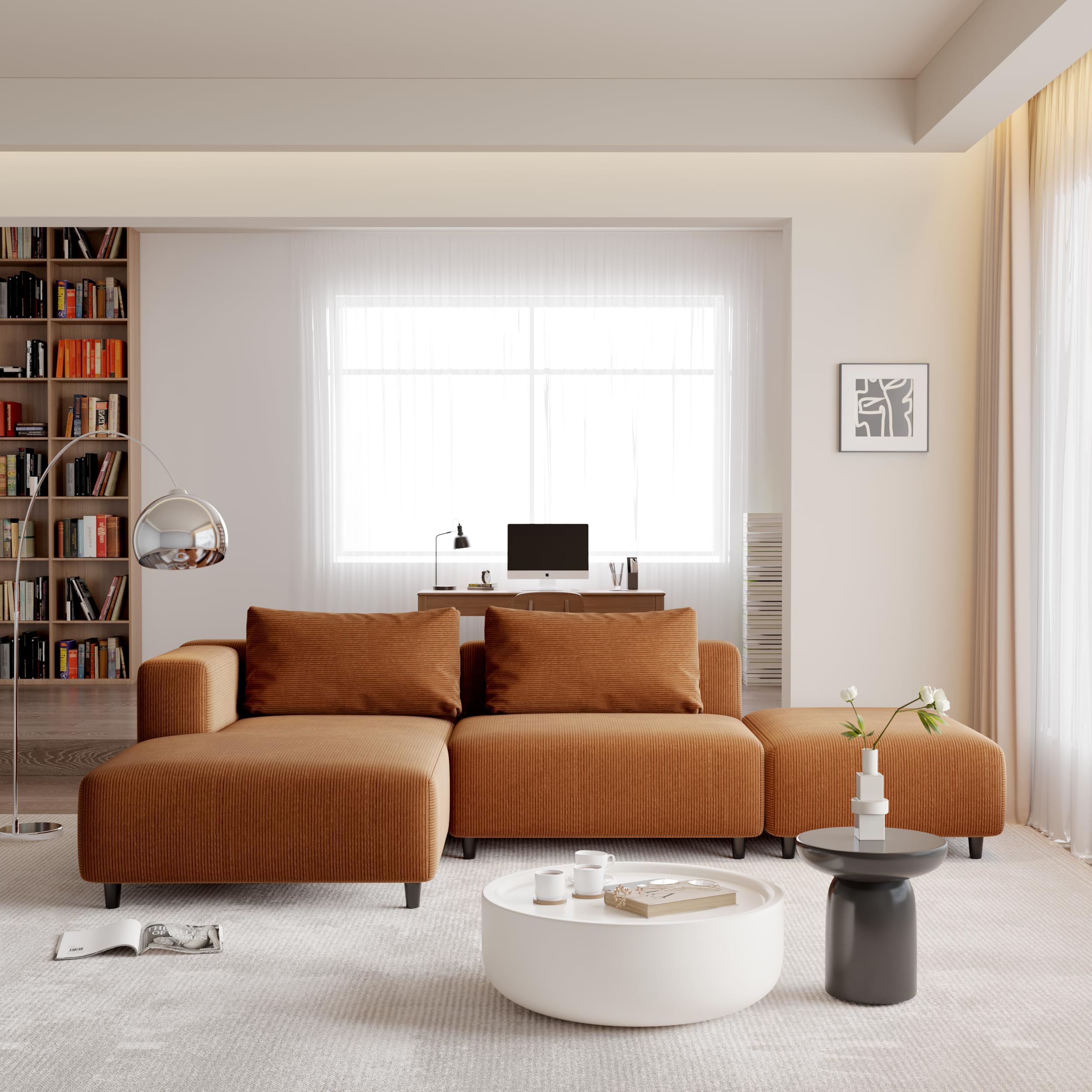Acanva Soft Corduroy Sectional Modular Sofa Set, Modern L-Shaped Chaise Couch for Living Room, Apartment, Office, Small Spaces, Orange Brown