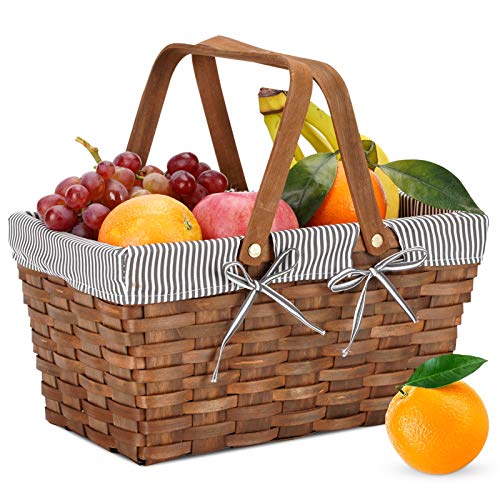 Woodchip Picnic Basket with Double Folding Handles, Natural Hand Woven Basket, Eggs Candy Basket for Easter, Kids Toy Storage Basket, Wedding Flower Girl Baskets for Valentine Day, Birthday, Grey