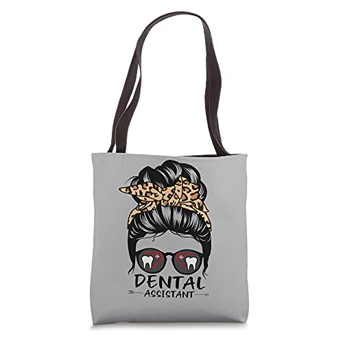 Dental Assistant Messy Bun Hair Funny Leopard Dental Tote Bag