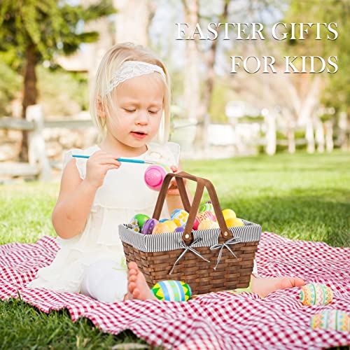 Woodchip Picnic Basket with Double Folding Handles, Natural Hand Woven Basket, Eggs Candy Basket for Easter, Kids Toy Storage Basket, Wedding Flower Girl Baskets for Valentine Day, Birthday, Grey