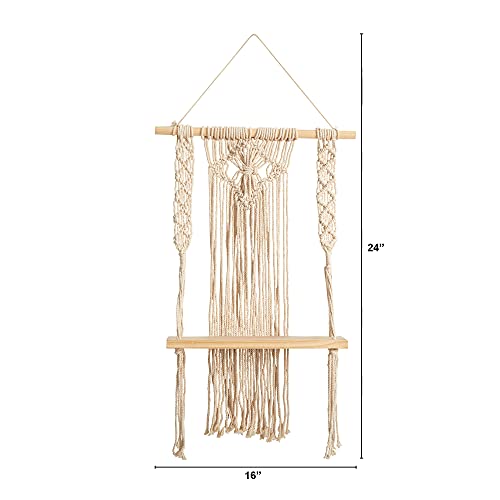 24in. Boho Chic Wood Macrame Single Shelf Woven Diamond Wall Art Décor