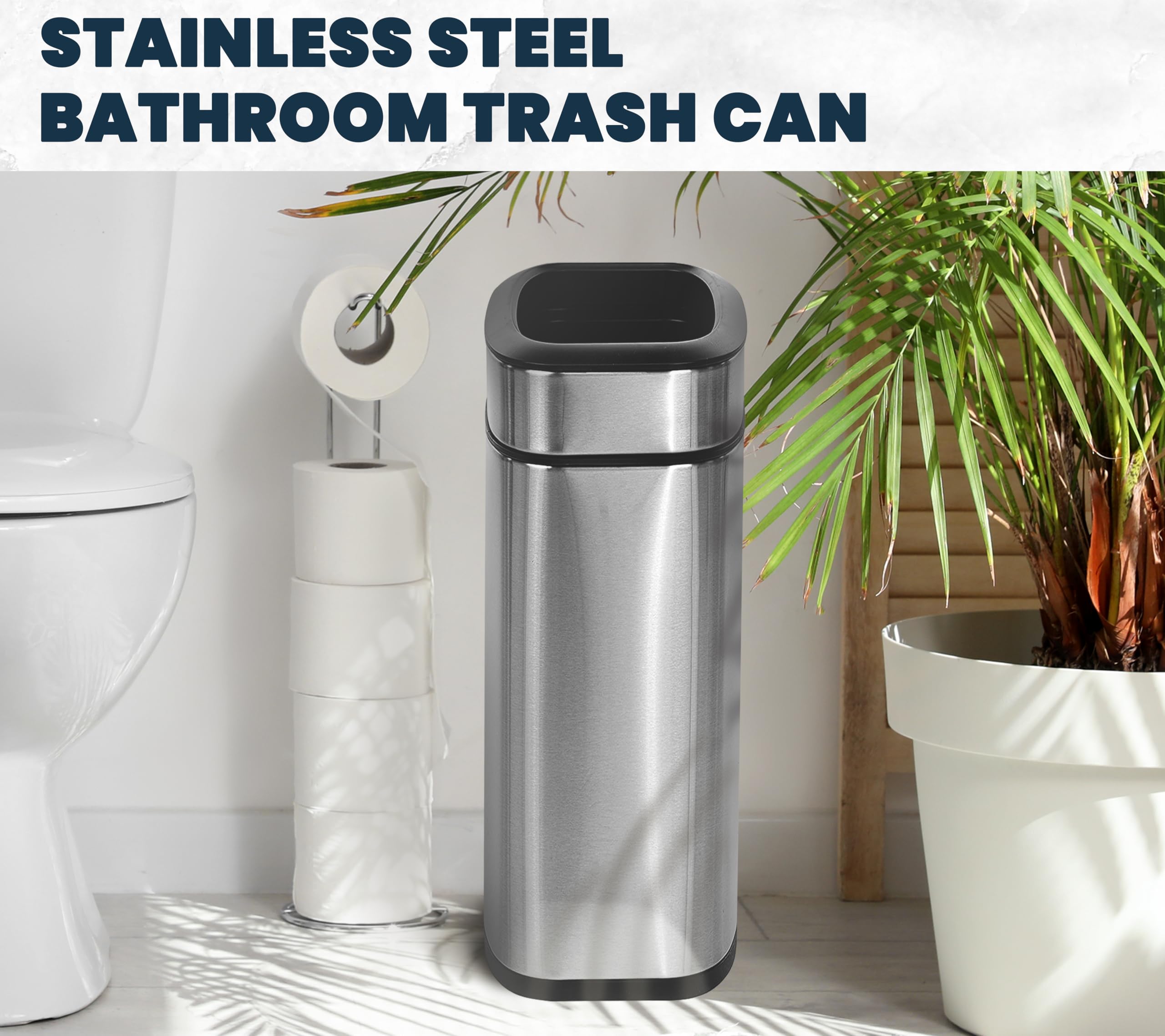 Alpine Industries 40 L / 10.5 Gal Stainless Steel Slim Open Trash Can - Compact Garbage Bin - Wide Access Top Slender Durable Receptacle with Sturdy Plastic Liner