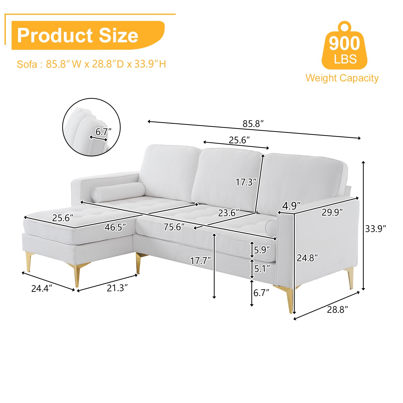voqoomkl 85" Burlap Fabric Sectional Sofa Couch with Reversible Chaise, L-Shape Couch with Bolster Pillows and Metal Legs, 3 Seats Modular Sofa for Living Room Apartment Small Space, Beige