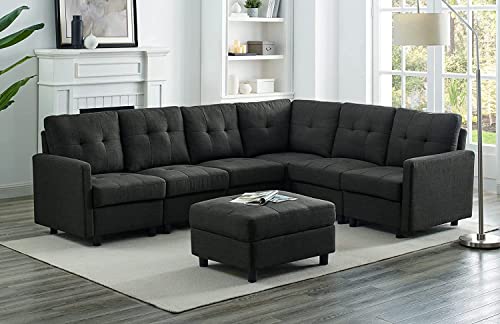7 Pieces Modular Sectional Sofa, Indoor Convertible Furniture Fabric Upholstered Couch with Ottoman for Living Room