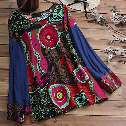 JOFOW Blouses Womens Loose Cotton Linen Patchwork Totem Geometric Pattern Print Long Sleeve Shirts Boat Crew O Neck Tops (L,Hot)
