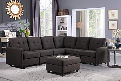7 Pieces Modular Sectional Sofa, Indoor Convertible Furniture Fabric Upholstered Couch with Ottoman for Living Room