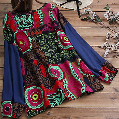JOFOW Blouses Womens Loose Cotton Linen Patchwork Totem Geometric Pattern Print Long Sleeve Shirts Boat Crew O Neck Tops (L,Hot)