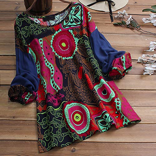 JOFOW Blouses Womens Loose Cotton Linen Patchwork Totem Geometric Pattern Print Long Sleeve Shirts Boat Crew O Neck Tops (L,Hot)