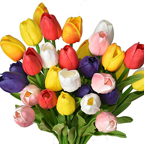 Plobach 30 Pcs Multicolor Tulips Artificial Flowers Fake Tulip Stems Real Touch PU Tulips for Spring Wreath Wedding Bouquet Centerpiece Floral Arrangement Table Décor