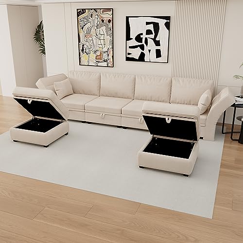 kevinplus 110" Modular Sectional Sofa Couch for Living Room, Modern Contemporary 4-Seat U-Shape Sofa Couch with Storage Seat & Reversible Ottoman for Apartment Office, Linen Fabric, Beige