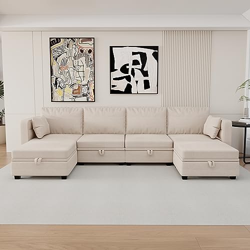 kevinplus 110" Modular Sectional Sofa Couch for Living Room, Modern Contemporary 4-Seat U-Shape Sofa Couch with Storage Seat & Reversible Ottoman for Apartment Office, Linen Fabric, Beige