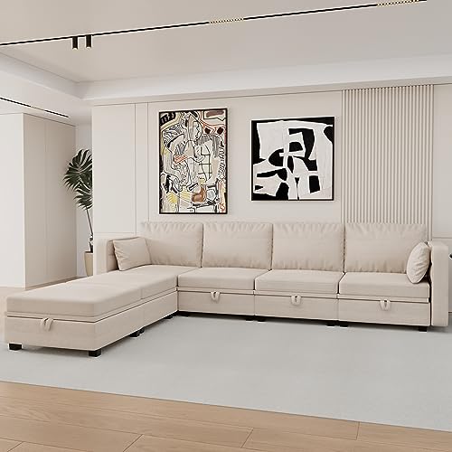kevinplus 110" Modular Sectional Sofa Couch for Living Room, Modern Contemporary 4-Seat U-Shape Sofa Couch with Storage Seat & Reversible Ottoman for Apartment Office, Linen Fabric, Beige