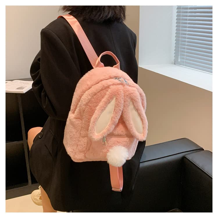 Mellshy Women Cute Rabbit Ears Backpack Fluffy Shoulder Bag School Bag Casual Dayback Satchel (Pink)