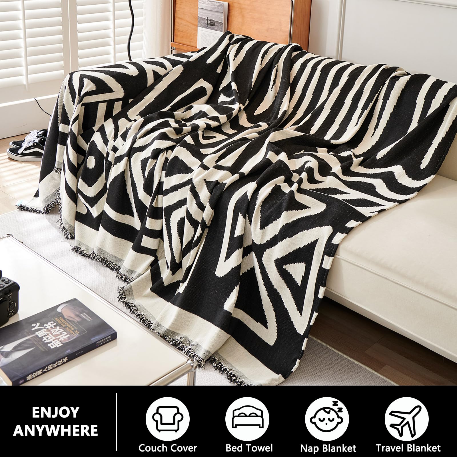 DREAMINGO Boho Sofa Covers for 3 Cushion Couch Chenille Couch Cover for Dogs Geometric Jacquard Sofa Slipcover Living Room Pet Furniture Protector Washable Sectional Couch Covers, 71"x150", Black