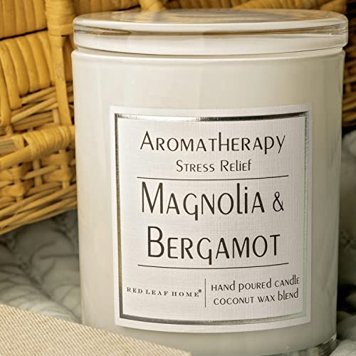 Red Leaf Home | Magnolia and Bergamot Candle | Glass Lid, Large | Aromatherapy | Wellness Collection | 15.5oz Jar