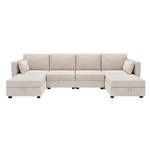 kevinplus 110" Modular Sectional Sofa Couch for Living Room, Modern Contemporary 4-Seat U-Shape Sofa Couch with Storage Seat & Reversible Ottoman for Apartment Office, Linen Fabric, Beige