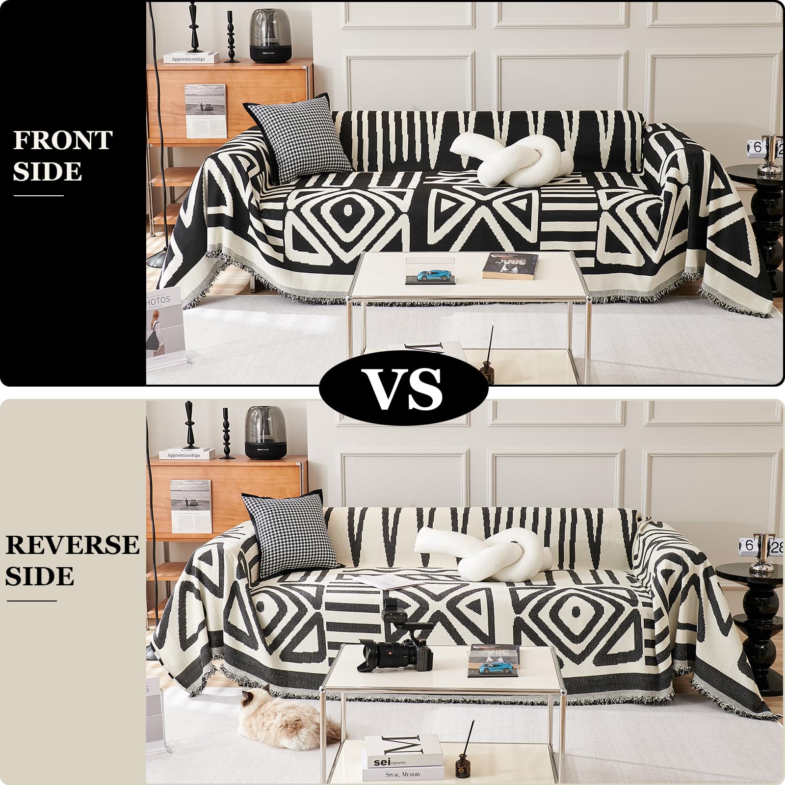 DREAMINGO Boho Sofa Covers for 3 Cushion Couch Chenille Couch Cover for Dogs Geometric Jacquard Sofa Slipcover Living Room Pet Furniture Protector Washable Sectional Couch Covers, 71"x150", Black