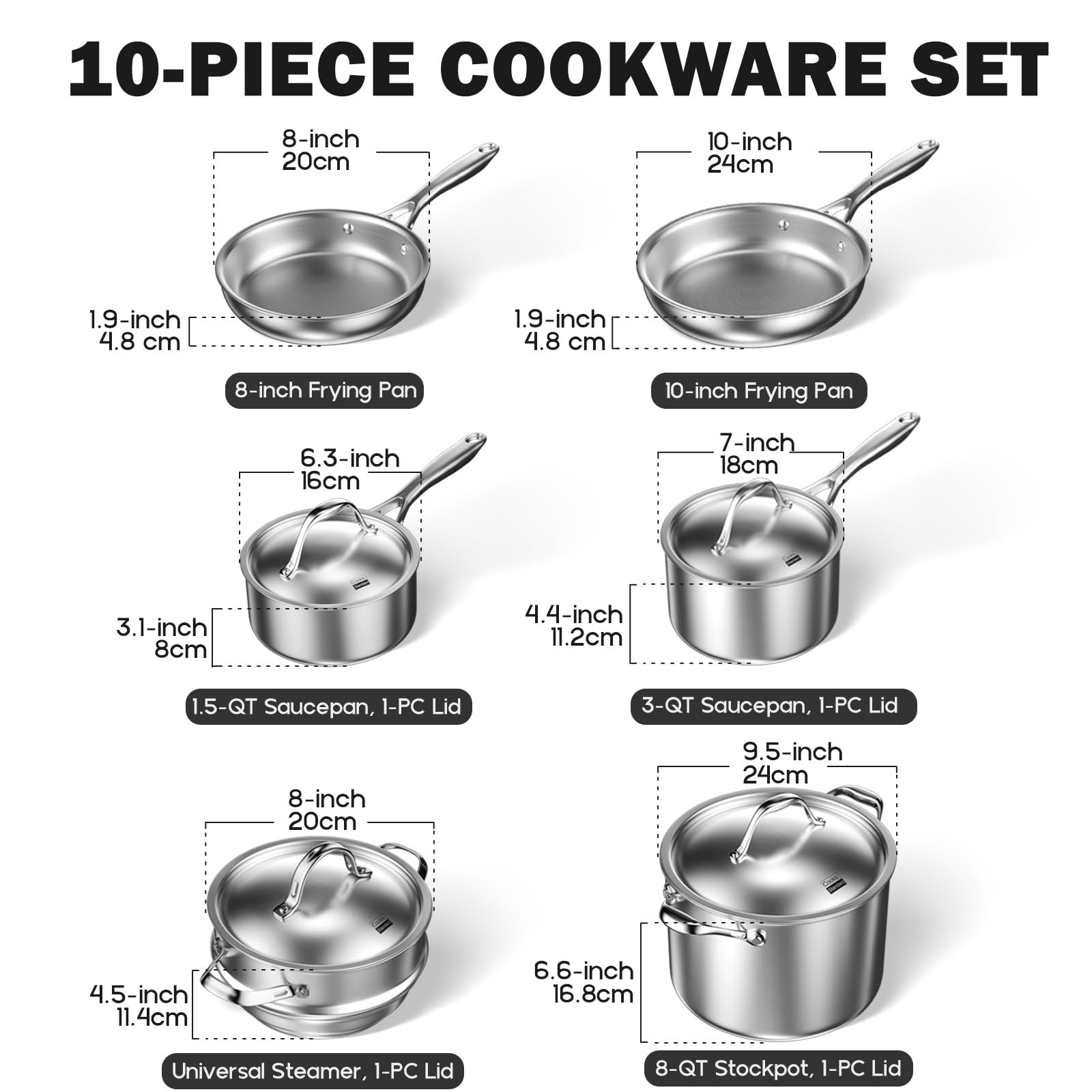 Cooks Standard Multi-Ply Clad Cookware Set, 10 Piece, Silver