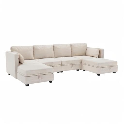kevinplus 110" Modular Sectional Sofa Couch for Living Room, Modern Contemporary 4-Seat U-Shape Sofa Couch with Storage Seat & Reversible Ottoman for Apartment Office, Linen Fabric, Beige