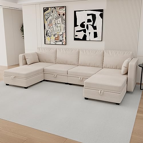 kevinplus 110" Modular Sectional Sofa Couch for Living Room, Modern Contemporary 4-Seat U-Shape Sofa Couch with Storage Seat & Reversible Ottoman for Apartment Office, Linen Fabric, Beige