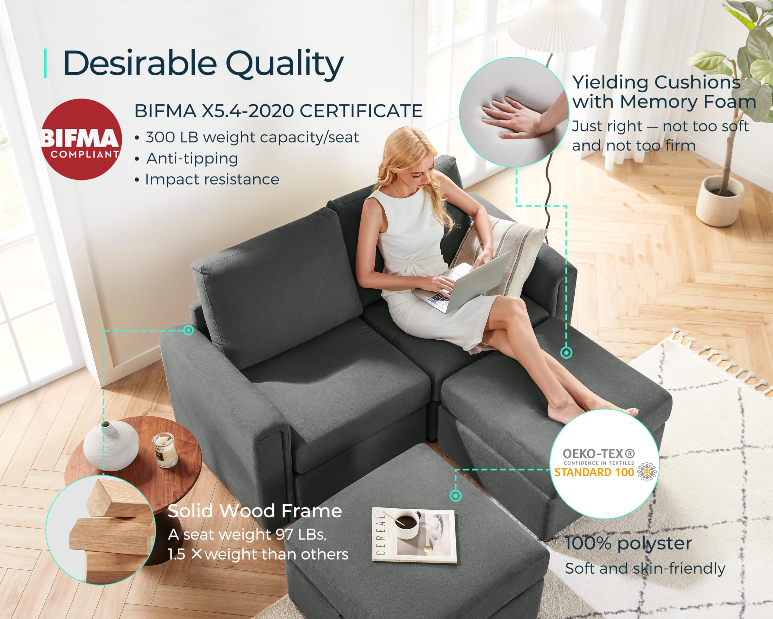LINSY HOME Modular Sectional Sofa, Convertible Couch with Storage, Memory Foam, Set Ottomans, Small Loveseat Sofa Chaise for Space, Living Room, Dark Gray, (S900-B11-22)