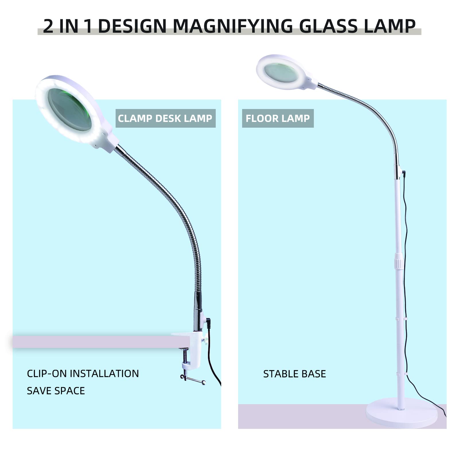 FHHKAAD 2 in 1 Magnifying Floor Lamp 5X with Bright LED Light Adjustable,Flexibility Magnifier Lamp for Reading,Sewing,Repair,Crafts & Hobbies -12W - White