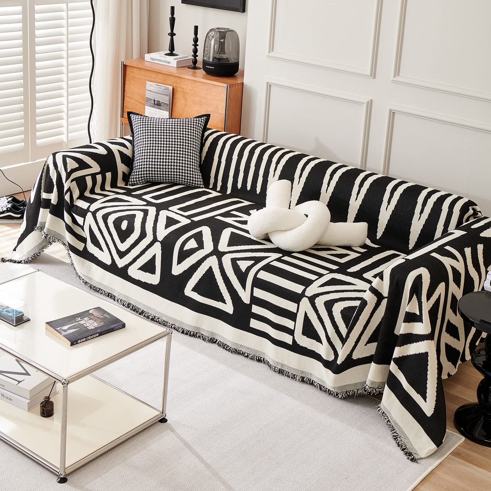 DREAMINGO Boho Sofa Covers for 3 Cushion Couch Chenille Couch Cover for Dogs Geometric Jacquard Sofa Slipcover Living Room Pet Furniture Protector Washable Sectional Couch Covers, 71"x150", Black