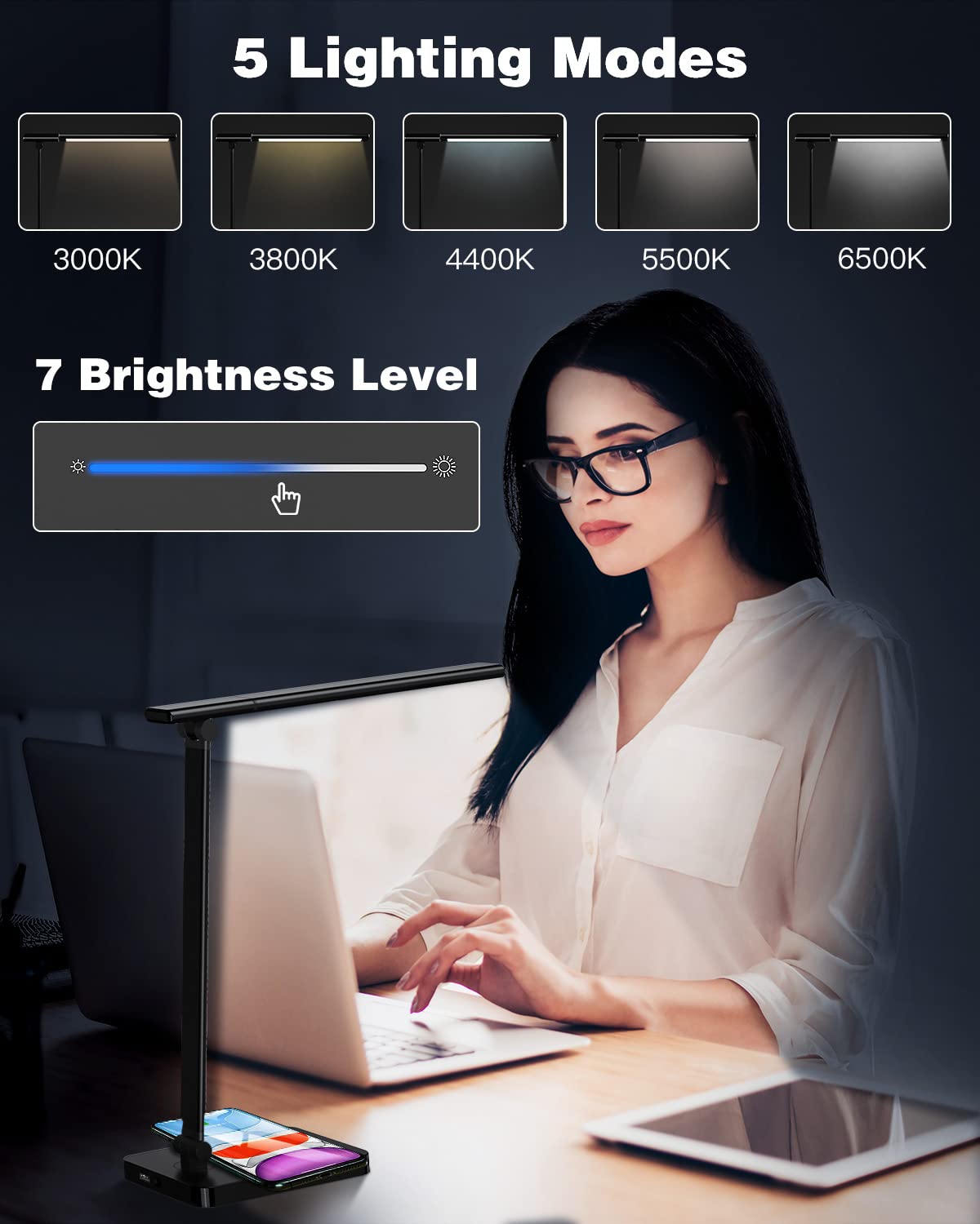 AGEARSUK LED Desk lamp, Desk Lamp with USB Charging Port for Home Office, Dimmable Desk Lamp with Wireless Charger, Eye-Caring Reading Lamps, Touch Control Study Lamps for Dorm (Adapter Included)