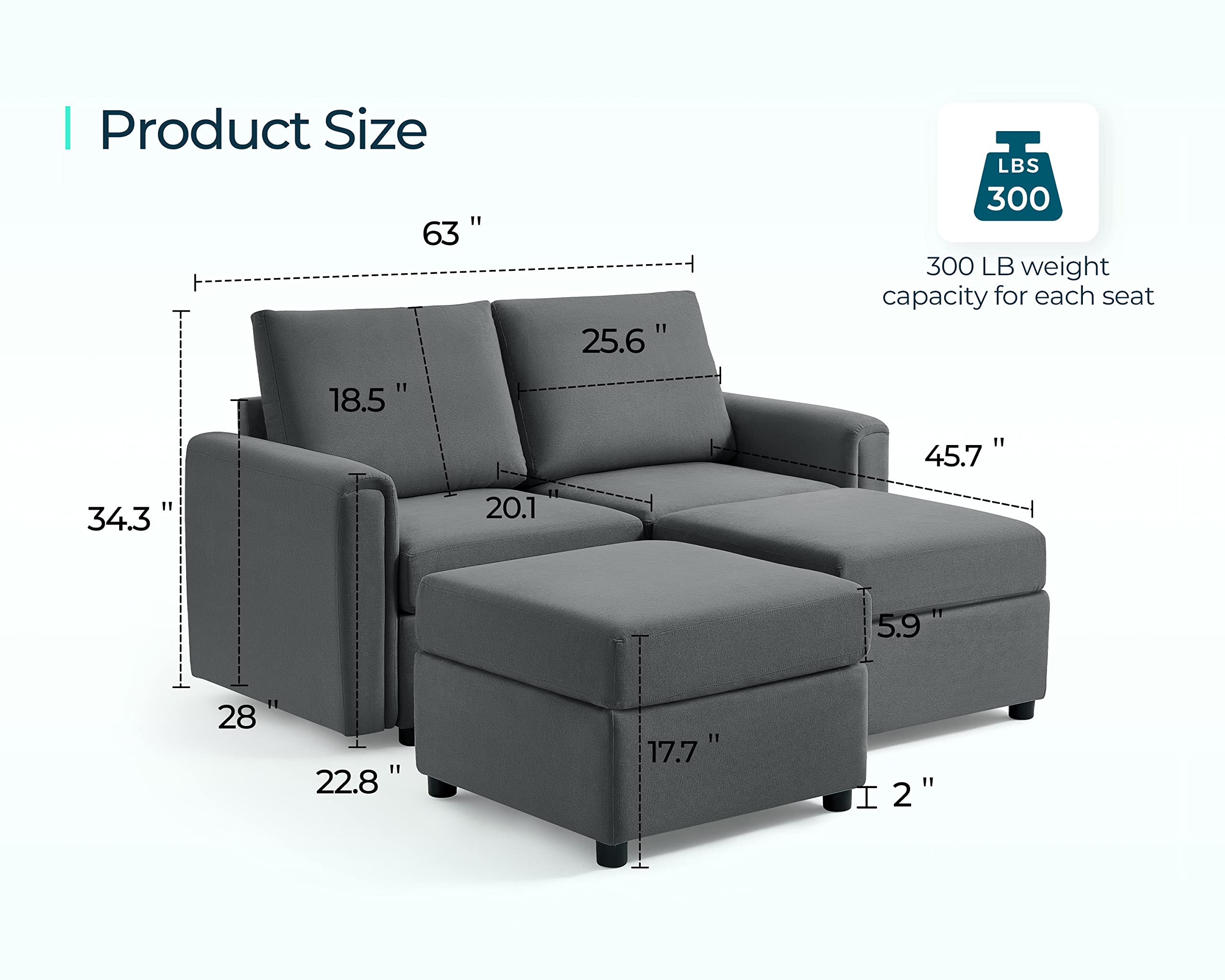LINSY HOME Modular Sectional Sofa, Convertible Couch with Storage, Memory Foam, Set Ottomans, Small Loveseat Sofa Chaise for Space, Living Room, Dark Gray, (S900-B11-22)