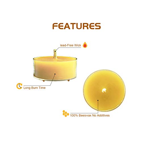 24 Count Natural Beeswax Tealights Candle with Glass Candle Holder - Natural Scent, Smokeless, Clear Cup, Clean Burning - Yellow