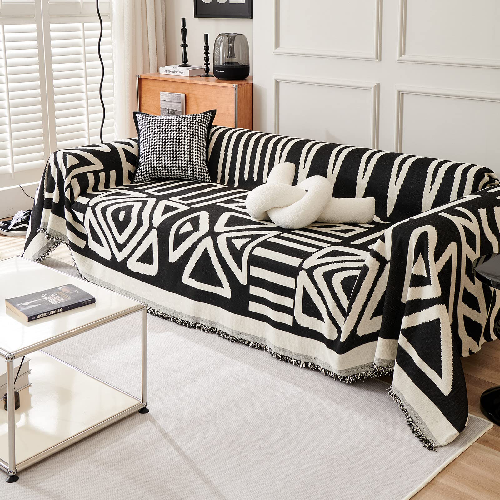 DREAMINGO Boho Sofa Covers for 3 Cushion Couch Chenille Couch Cover for Dogs Geometric Jacquard Sofa Slipcover Living Room Pet Furniture Protector Washable Sectional Couch Covers, 71"x150", Black