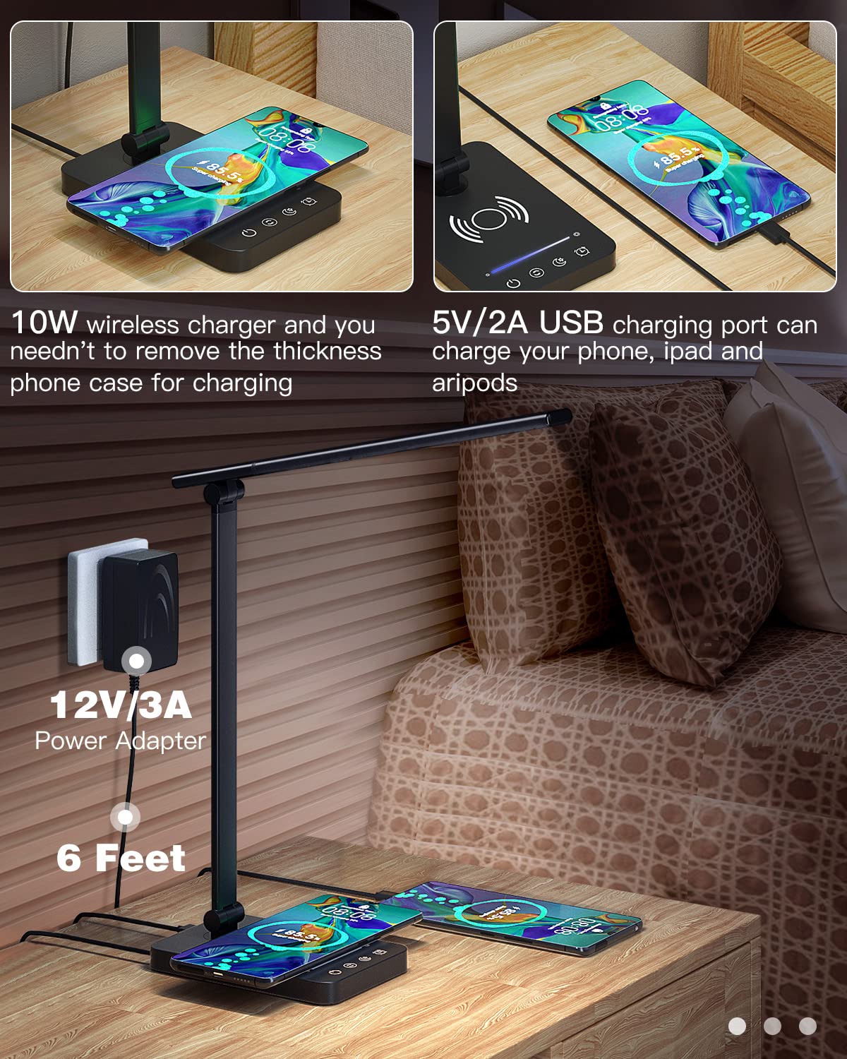 AGEARSUK LED Desk lamp, Desk Lamp with USB Charging Port for Home Office, Dimmable Desk Lamp with Wireless Charger, Eye-Caring Reading Lamps, Touch Control Study Lamps for Dorm (Adapter Included)